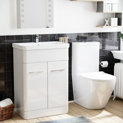 Nes Home 600mm Basin Vanity Unit & Close Coupled Toilet Bathroom Suite ...