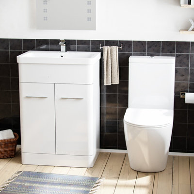 Nes Home 600mm Basin Vanity Unit & Close Coupled Toilet Bathroom Suite ...