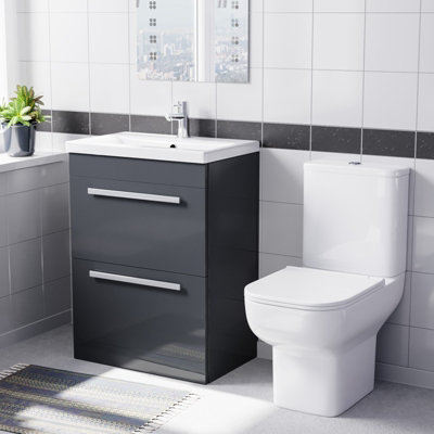 Nes Home 600mm Dark Grey Drawers Basin Vanity Unit Square Close Coupled ...