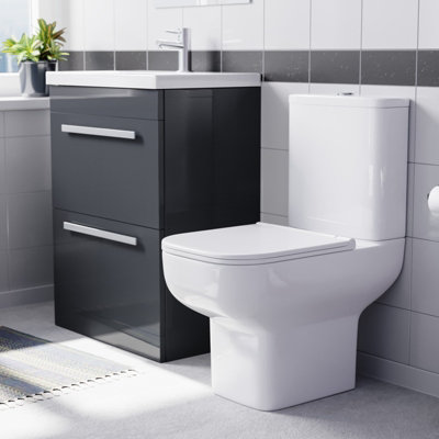 Nes Home 600mm Dark Grey Drawers Basin Vanity Unit Square Close Coupled ...
