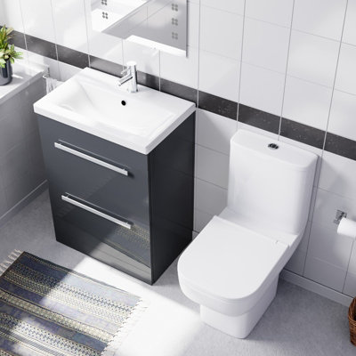 Nes Home 600mm Dark Grey Drawers Basin Vanity Unit Square Close Coupled ...