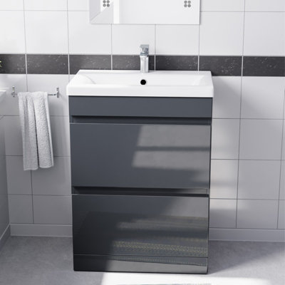 Nes Home 600mm PVC 2 Drawer Dark Grey Floorstanding Vanity Cabinet and ...