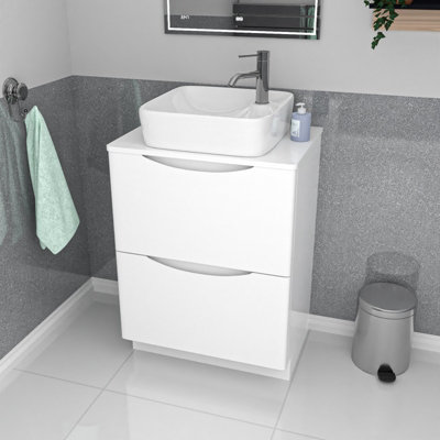Nes Home 600mm White Drawers Vanity, Worktop & Square Shape Rounded ...
