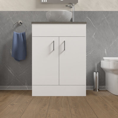 Nes Home 600mm White Vanity Unit Cabinet With Oak Worktop