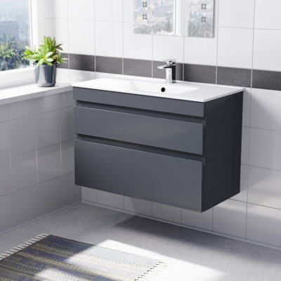 Nes Home 800mm Dark Grey Wall Hung 2 Drawers Handleless Slim Basin ...