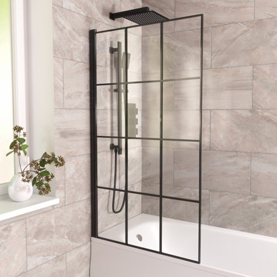 Nes Home 800mm Square Bath Screen Black Profile With Grid Glass Reversible