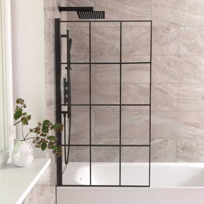 Nes Home 800mm Square Bath Screen Black Profile With Grid Glass Reversible