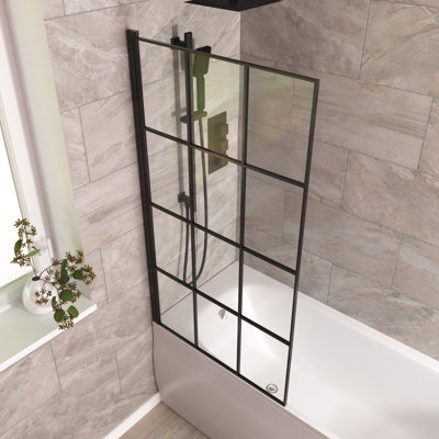 Nes Home 800mm Square Bath Screen Black Profile With Grid Glass Reversible