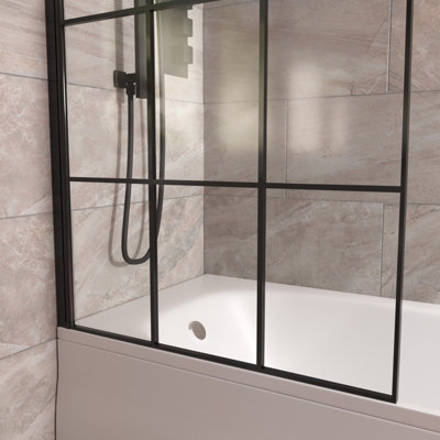Nes Home 800mm Square Bath Screen Black Profile With Grid Glass Reversible