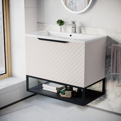 Nes Home 800mm Wall Hung Pink Drawers Basin Vanity Black Frame & Handle