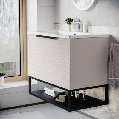 Nes Home 800mm Wall Hung Pink Drawers Basin Vanity Black Frame & Handle