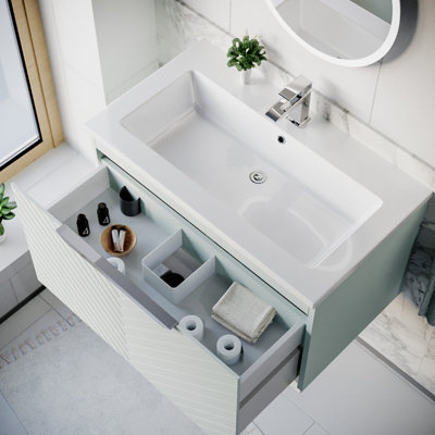 Nes Home 800mm Wall Hung Vanity Double Drawers Matte Green with Basin