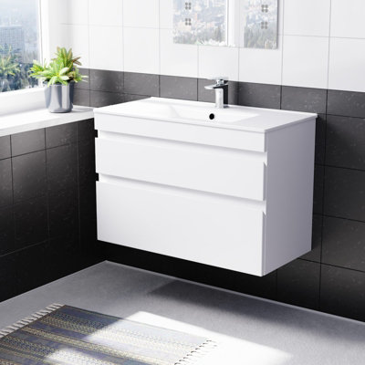 Nes Home 800mm White Wall Hung 2 Drawers Handleless Slim Basin Vanity Unit
