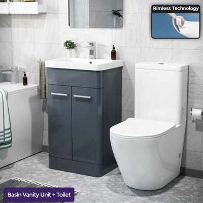 Nes Home Afern 500mm Freestanding Vanity Unit and Close Coupled Rimless ...