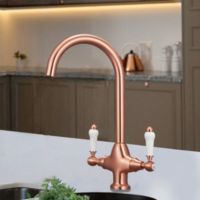 Nes Home Antique Copper & White Ceramic Handle Twin Lever Kitchen Mixer ...