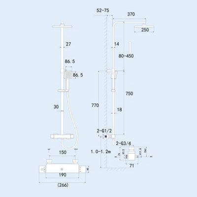 Nes Home Chrome Shower Head with Square Thermostatic Bar Valve & Riser ...