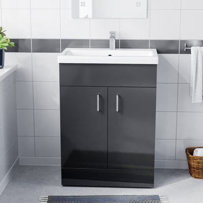 Nes Home Dark Grey 600mm Floor Standing Vanity Unit & White Basin Flat Pack
