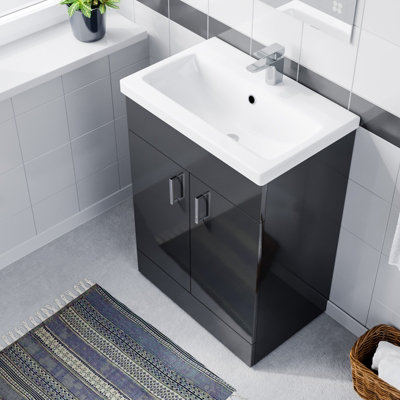 Nes Home Dark Grey 600mm Floor Standing Vanity Unit & White Basin Flat Pack