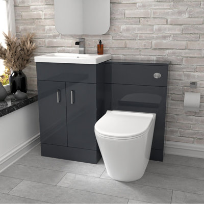 Nes Home Dark Grey Vanity Basin Cabinet, WC Unit & Rimless Toilet