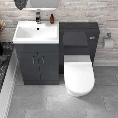 Nes Home Dark Grey Vanity Basin Cabinet, WC Unit & Rimless Toilet
