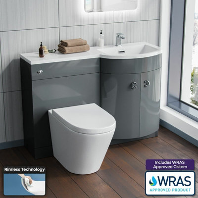 Nes Home Grey 1100 mm Bathroom RH Basin Vanity Unit and BTW WC Toilet ...