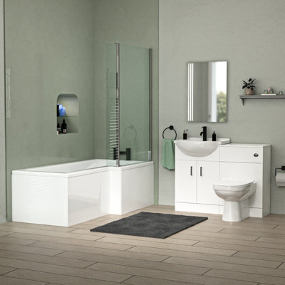 Nes Home L-Shaped RH Shower Bath White Basin Vanity Unit with WC & BTW ...