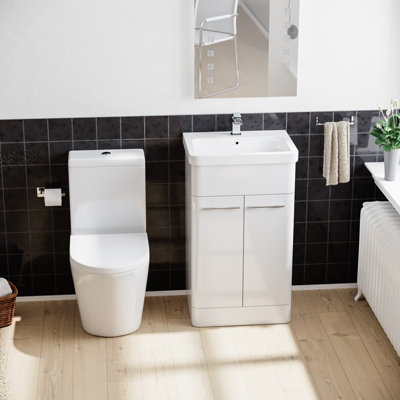 Nes Home Lex 500mm Basin Vanity Cabinet And Rimless Toilet with Seat White