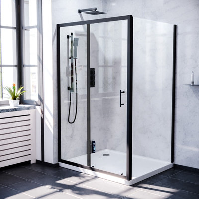 Nes Home Matt Black 1400 x 900mm Shower Sliding Door Frameless Glass ...