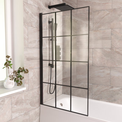 Nes Home Oaken 800mm Square Bath Screen Black Profile With Grid Glass Reversible | DIY at B&Q