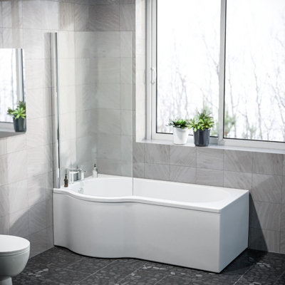 Nes Home P Shaped LH 1600mm Curved Shower Bath Acrylic Front Panel & Screen
