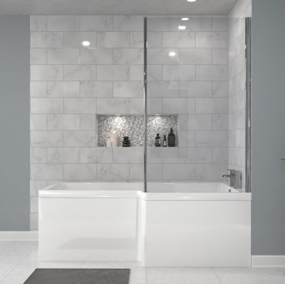 NES HOME RIGHT HAND L SHAPED SHOWER BATH WITH FRONT END PANEL & HINGED ...