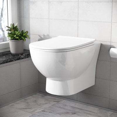 Nes Home Rimless D Shape Wall Hung Toilet Pan with Soft Close Seat ...