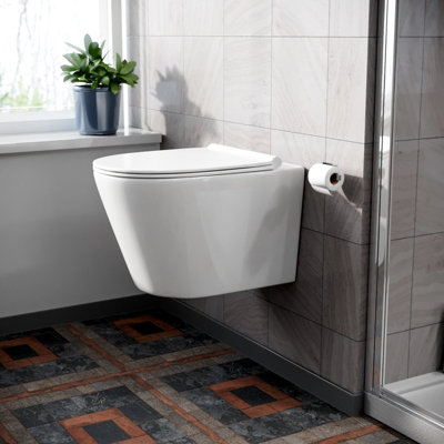 Nes Home Rimless Wall Hung Toilet with Soft Close Seat and Wall Frame ...