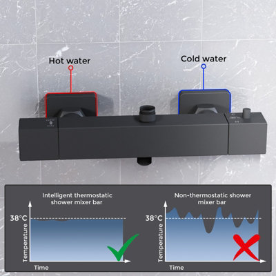 Nes Home Square Matte Black Thermostatic Shower Bar Valve Double Outlet