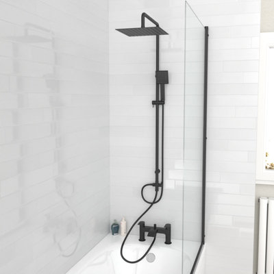 Nes Home Square Shower Bath Mixer Tap, Handset & Riser Rail Kit Matte Black