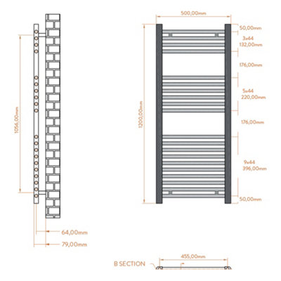 Nes Home Straight Chrome Bathroom Towel Radiator 1200 x 500 mm