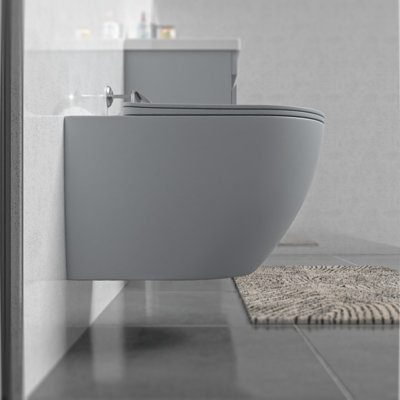 Nes Home Tornado Flush Round Matte Grey Wall Hung Rimless Toilet With ...