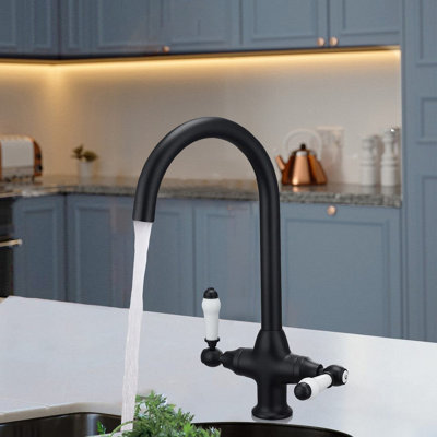 Nes Home Traditional Matte Black Twin Lever Kitchen Mixer Tap With ...