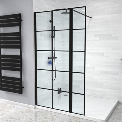 Nes Home Wet Room 800mm Shower Enclosure Screen Black Grid 8mm & Return ...