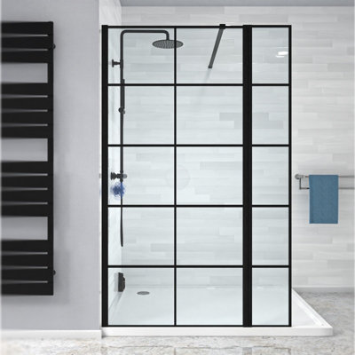 Nes Home Wet Room 900mm Shower Enclosure Screen Black Grid 8mm & Return Panel