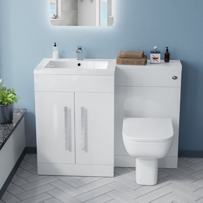 Nes Home White Gloss LH Vanity Unit Basin Cabinet 1100mm and Rimless ...