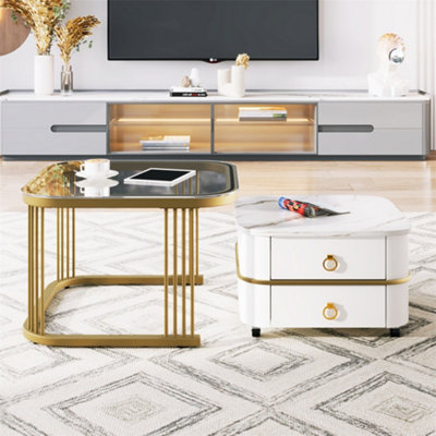 Nestable Coffee Table, High-gloss Marble Exterior and Glass Tabletop ...