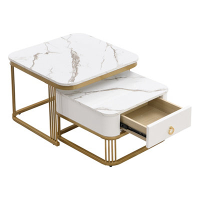 Nestable Coffee Table: High Gloss Marble Exterior, Gold Accents, Side ...