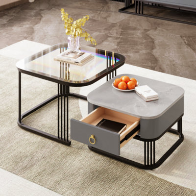 Nestable Coffee Tables Set of Two High-Gloss Marble with Glass Top and ...