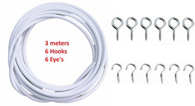 NET CURTAIN WIRE WHITE WINDOW VOILE CABLE CORD WITH HOOKS AND EYES 3M