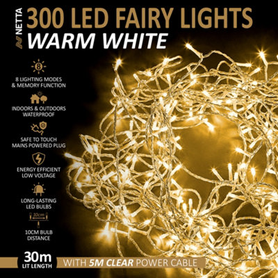 NETTA 300LED 30M Fairy String Lights with Clear Cable - Warm White ...