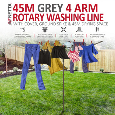 NETTA 45M Rotary Washing Line, 4 Arm - Grey