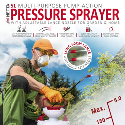 NETTA Garden Sprayer 5 Litre Pressure Pump Sprayer for Weed Killer ...