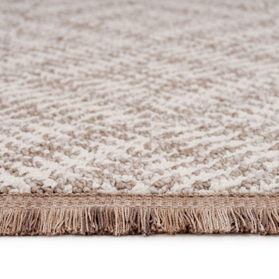Neutral Beige Brown Diamond Scandi Fringed Area Rug 120cm x 170cm