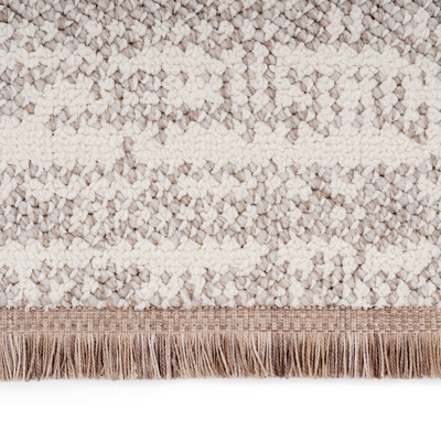 Neutral Beige Brown Scandi Fringed Living Area Rug 200cm x 290cm